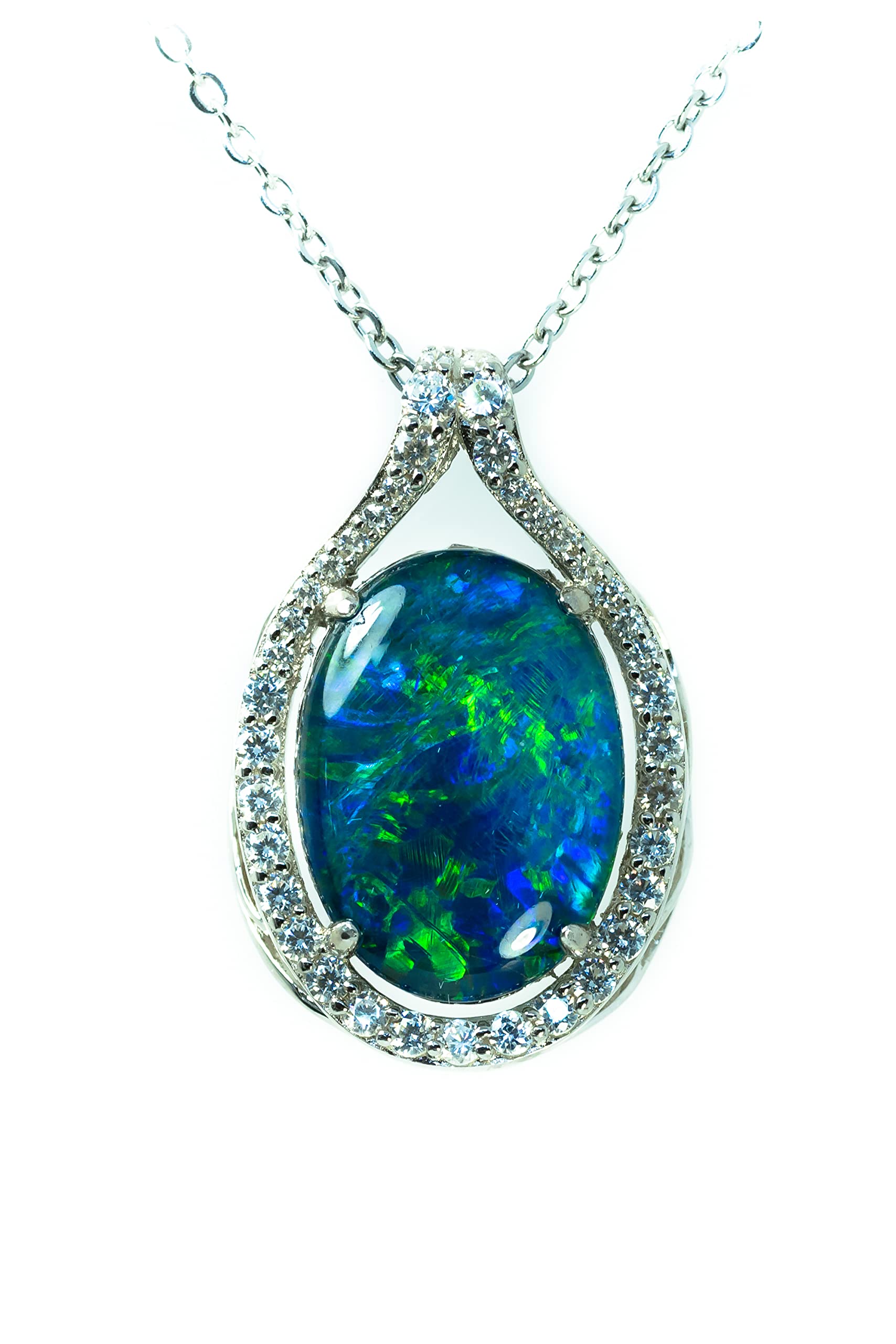 Australian Fire Opal Necklace - 18x13mm Genuine Australian Triplets Opal Necklace Pendant White Gold Plated on Sterling Silver Women's Jewelry