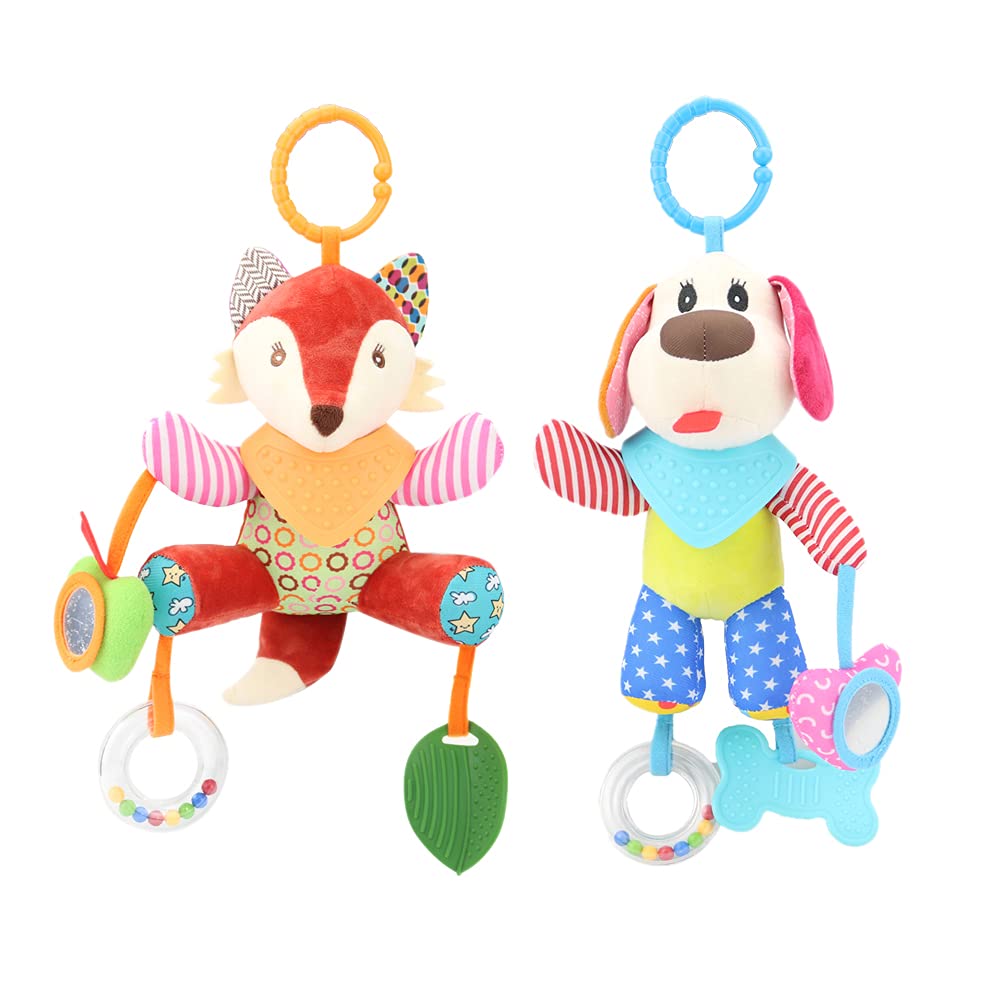 SHLOYIRE Baby Stroller Rattle Toy, Soft Baby Rattle Toys, Hanging Rattle Clip On Car Seat and Baby Stroller for Infants, Sensory Plush Animal Toys for Newborn Baby Girls and Boys (Dog & Fox)