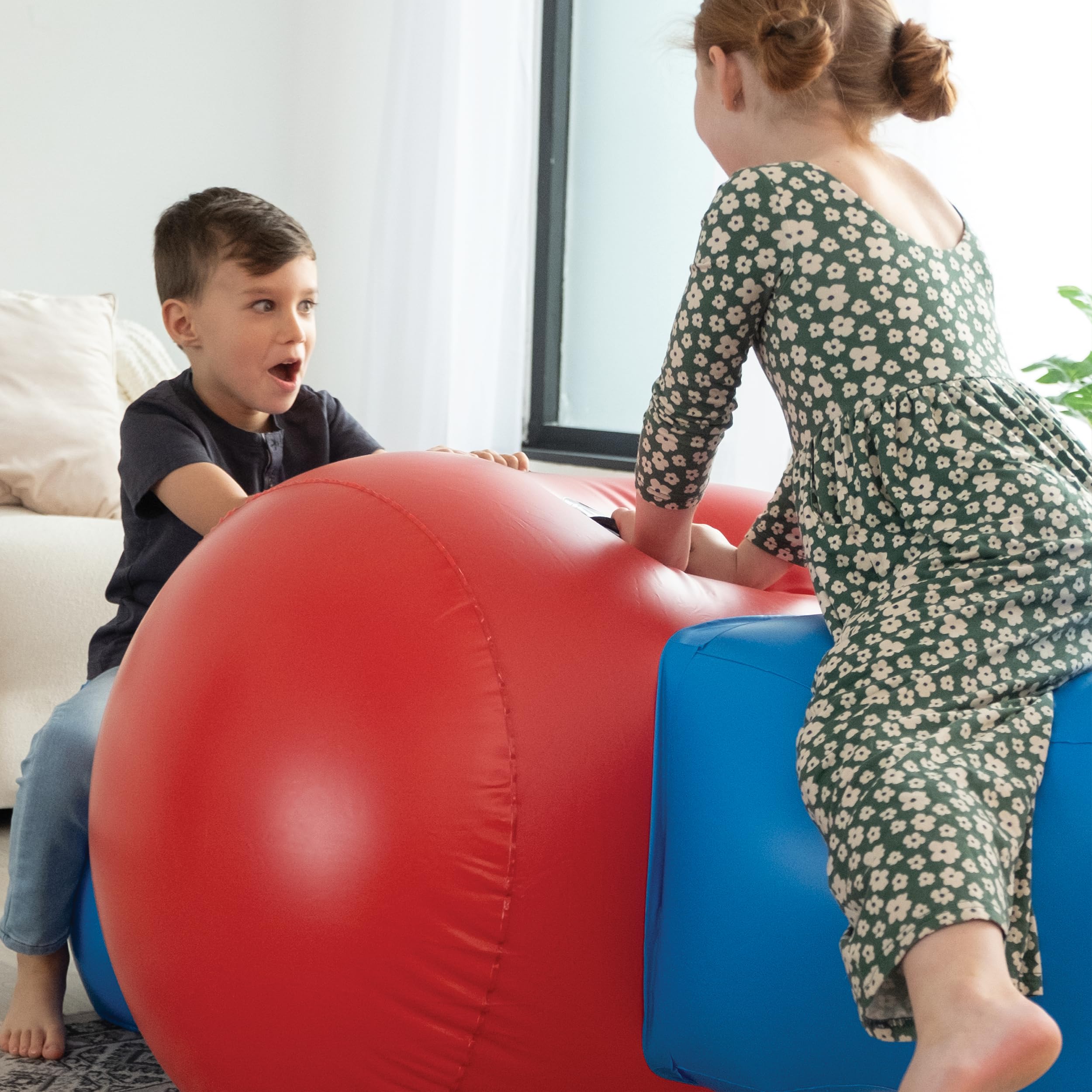 Hearthsong Large Inflatable Seesaw Rocker for Two, 60”L x 35”W x 24”H, Multicolor, Wide Front Handles with Backrest, Heavy-Duty Vinyl, Holds Up to 75 Lbs. Per Seat