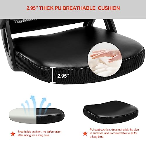 Office Chair,Ergonomic Home Desk Chairs,PU Leather Thick Cushion Mesh Office Chairs,Adjustable Executive Task Chair with Flip-up PU Armrests,360° Swivel Computer Chairs,Black
