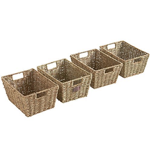 VonHaus Set of 4 Seagrass Storage Baskets with Insert Handles Ideal for Home and Bathroom Organization - 12(L) x 9(W) x 6(H) inches