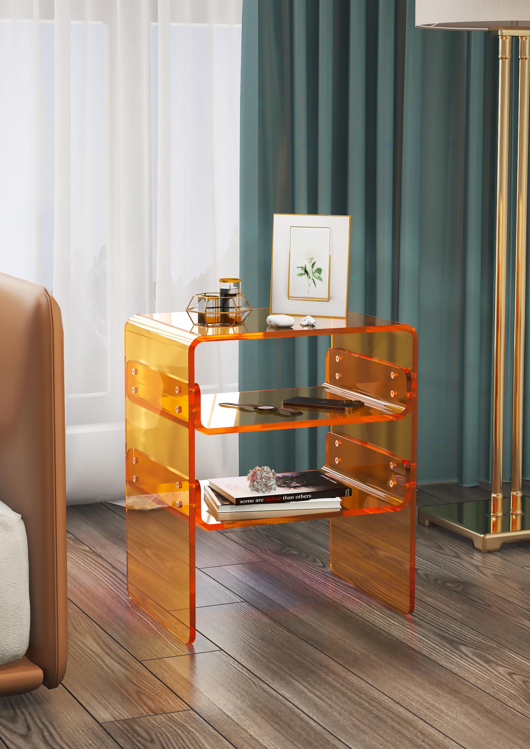 Clear Acrylic 3-Tier End Table/Nightstand β Sleek Bedside Storage with Durable Design, Perfect for Bedrooms, Living Rooms, or Modern Interiors β Ideal as a Bedside Table or Sofa Side Piece (Orange)
