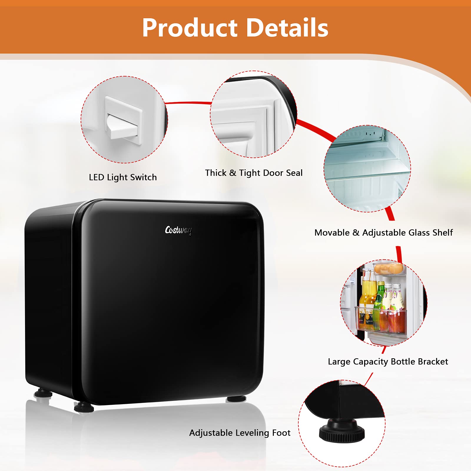 COSTWAY Compact Refrigerator, 1.6 cu ft. Single Door Small Fridge with Adjustable Temperature 32℉ to 50℉, Auto Defrost, Reversible Door, Removable Glass Shelves, Mini Fridge for Bedroom, Apartment (Black)