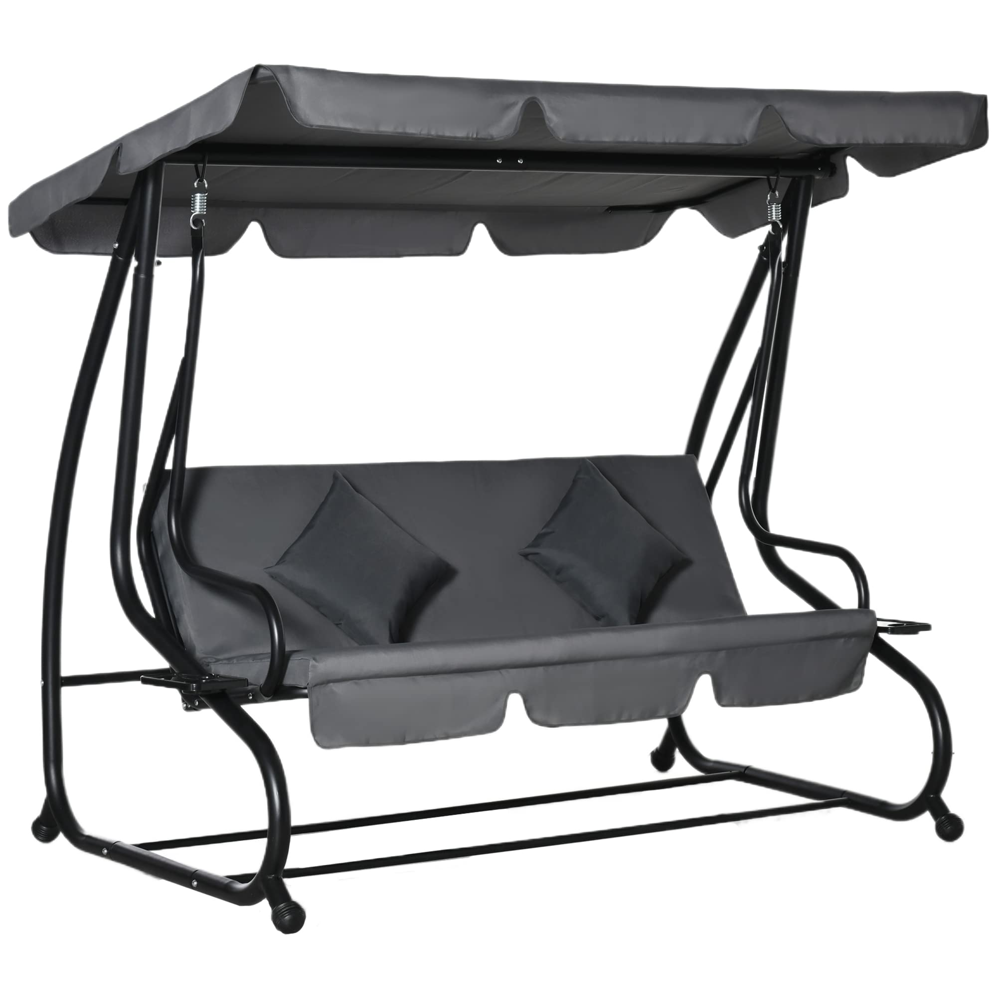 Outsunny 3-Seat Outdoor Patio Swing Chair, Converting Flatbed, Outdoor Swing Glider with Adjustable Canopy, Removable Cushion and Pillows, for Porch, Garden, Poolside, Backyard, Gray
