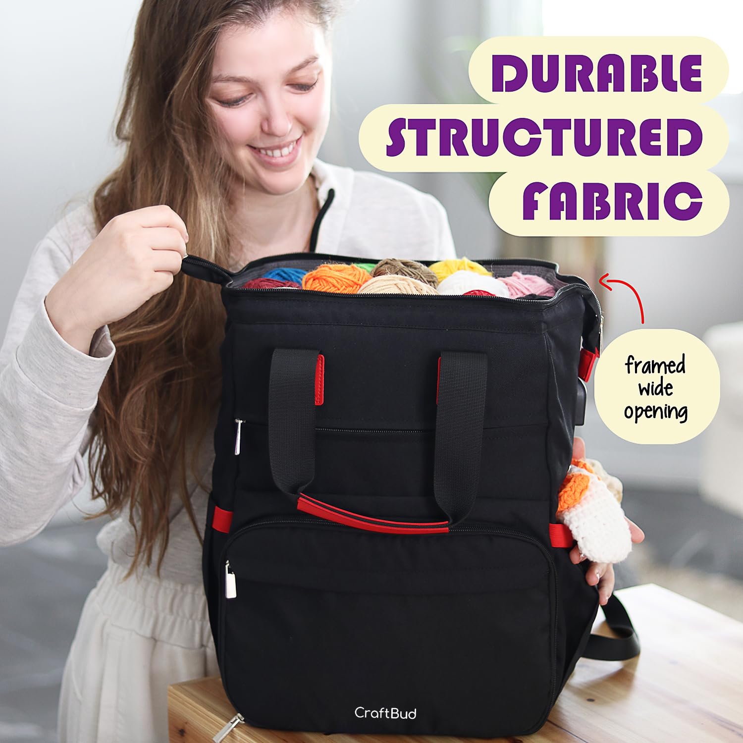 Craftbud Crochet Backpack, Crochet Bag Organizer, Canvas Knitting Bag, Yarn Organizer for Crochet Accessories and Supplies, Travel Yarn Bag with USB Charging Port, Yarn Storage Organizer