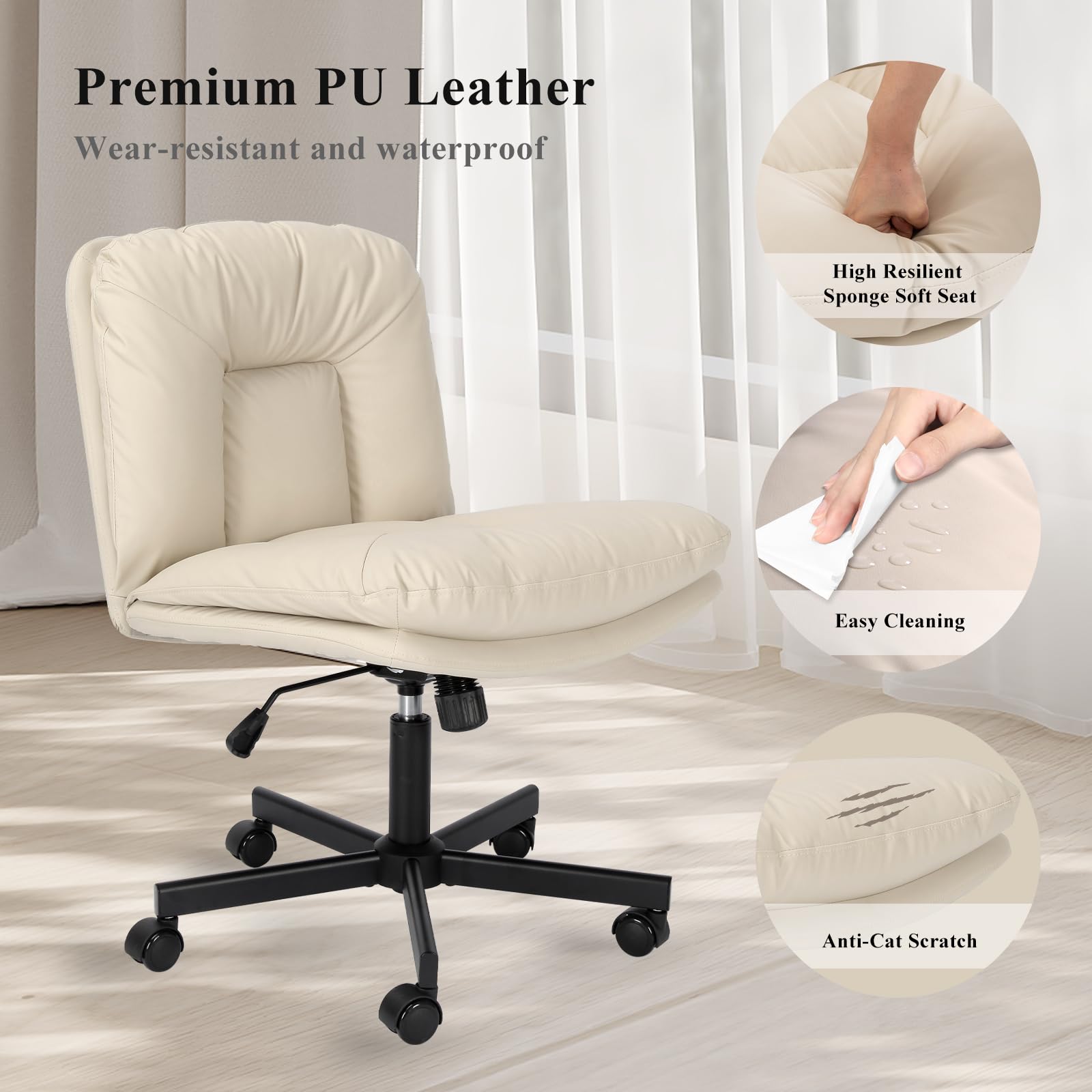 borinlan Armless Office Desk Chair with Wheels, PU Leather, Cross-Legged Wide Seat, Thickened Cushion, Adjustable Swivel, for Home/Office/Bedroom (with Wheels)