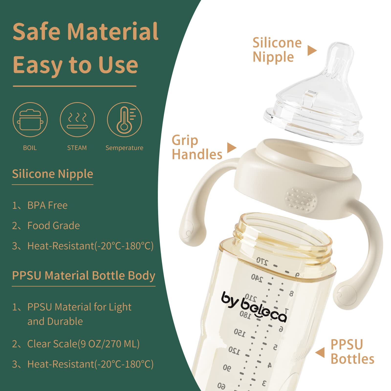 bybeleca PPSU Baby Bottle, Bottles for Newborn Babies with Medium Flow Cross-Cut Nipple, Anti Colic Bottles for Infant with Handles & Dust Cap & Flat lid, Milk Bottle for 6M+, 9oz./270ml, Beige