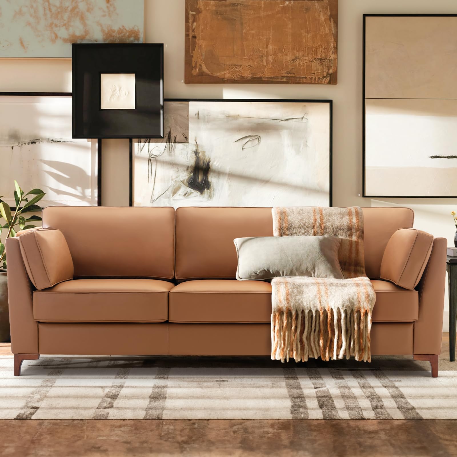 COLAMY 93" Mid-Century Modern Faux Leather Sofa,Oversized 3-Seater Couch with Comfy Cushions and Wood Legs for Living Room, Bedroom, Office, Apartment, Brown