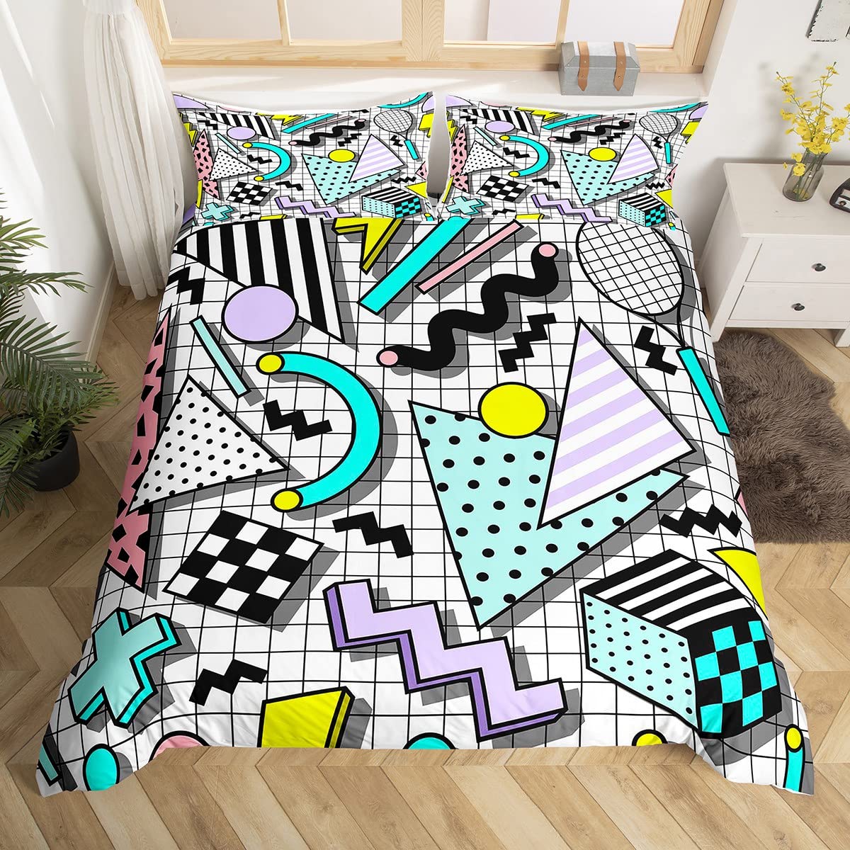 Memphis Style Duvet Cover Full Abstract Colorful Design with Dots Funky Bedding Set for Kids Child Girls Vintage Eighties Comforter Cover Memphis Fashion Bed Sets 80'S Style Retro 1980s Home Decor