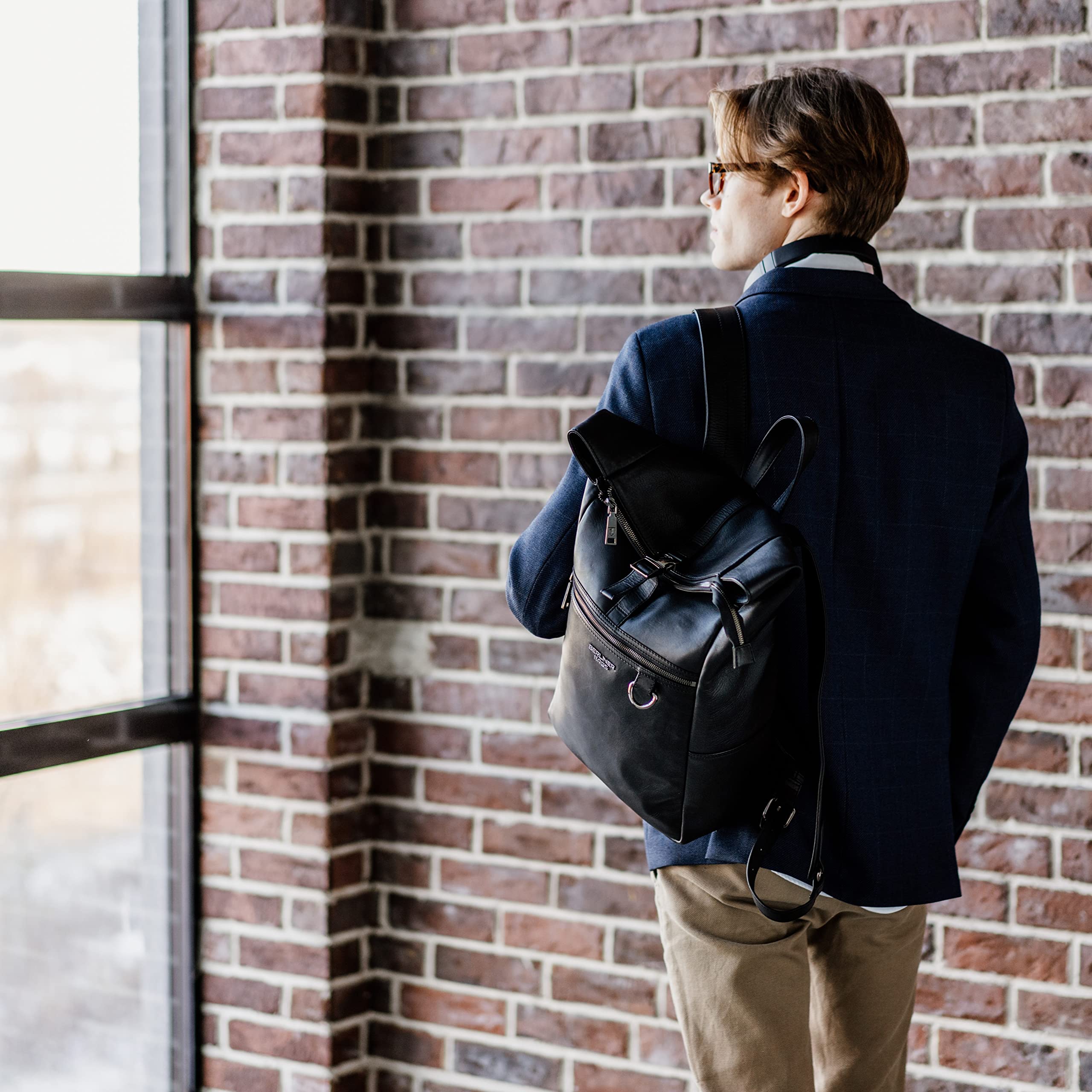 BERLINER BAGS Laptop Backpack Harlem Travel Work Business Durable Leather Bag 15" for Men Women - Black