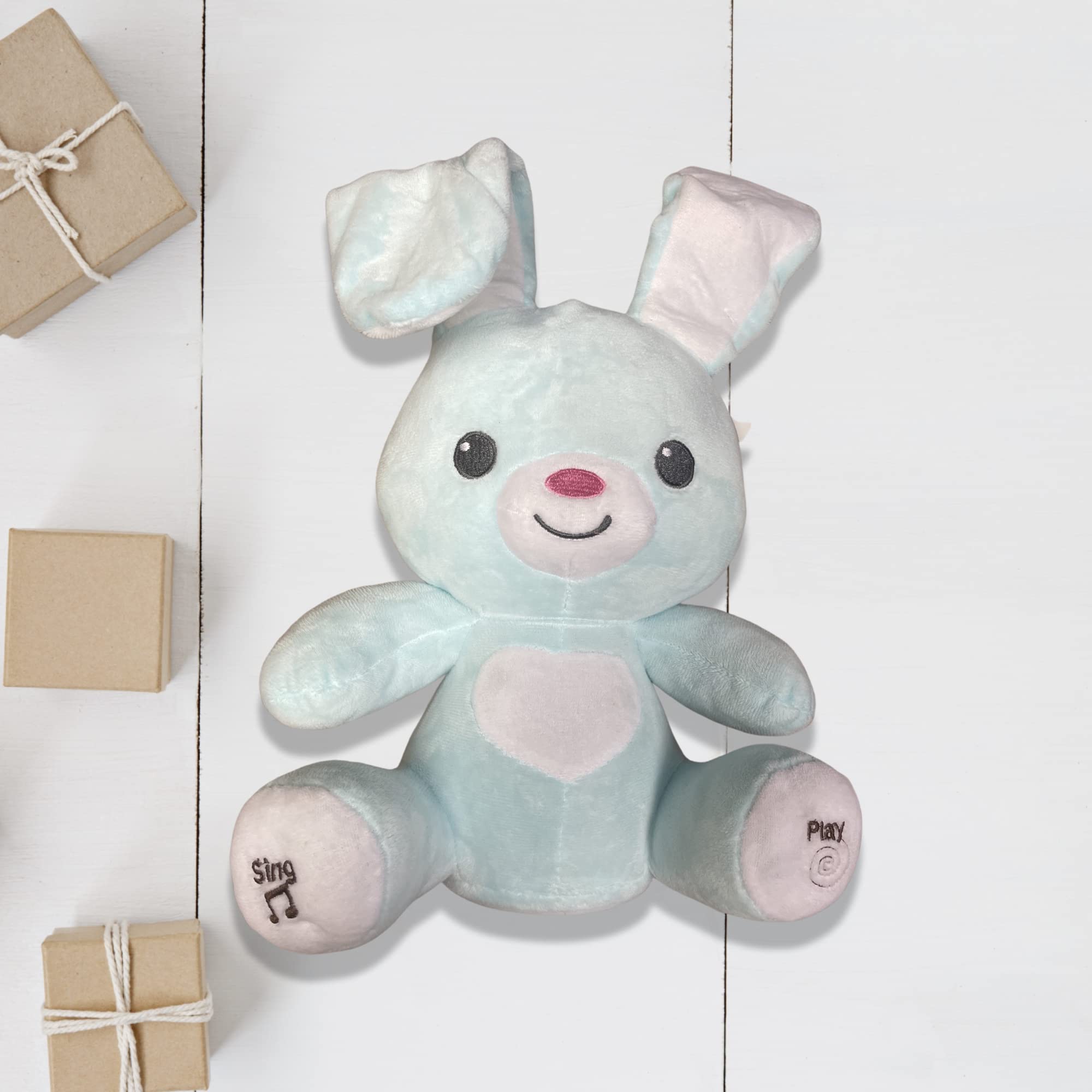 POMPIN Plush Peek A Boo Singing Bunny with Light Up Heart | Easter Bunny Toy | Plays Peek-A-Boo & Sings Do Your Ears Hang Low? | Easter Bunny Gift