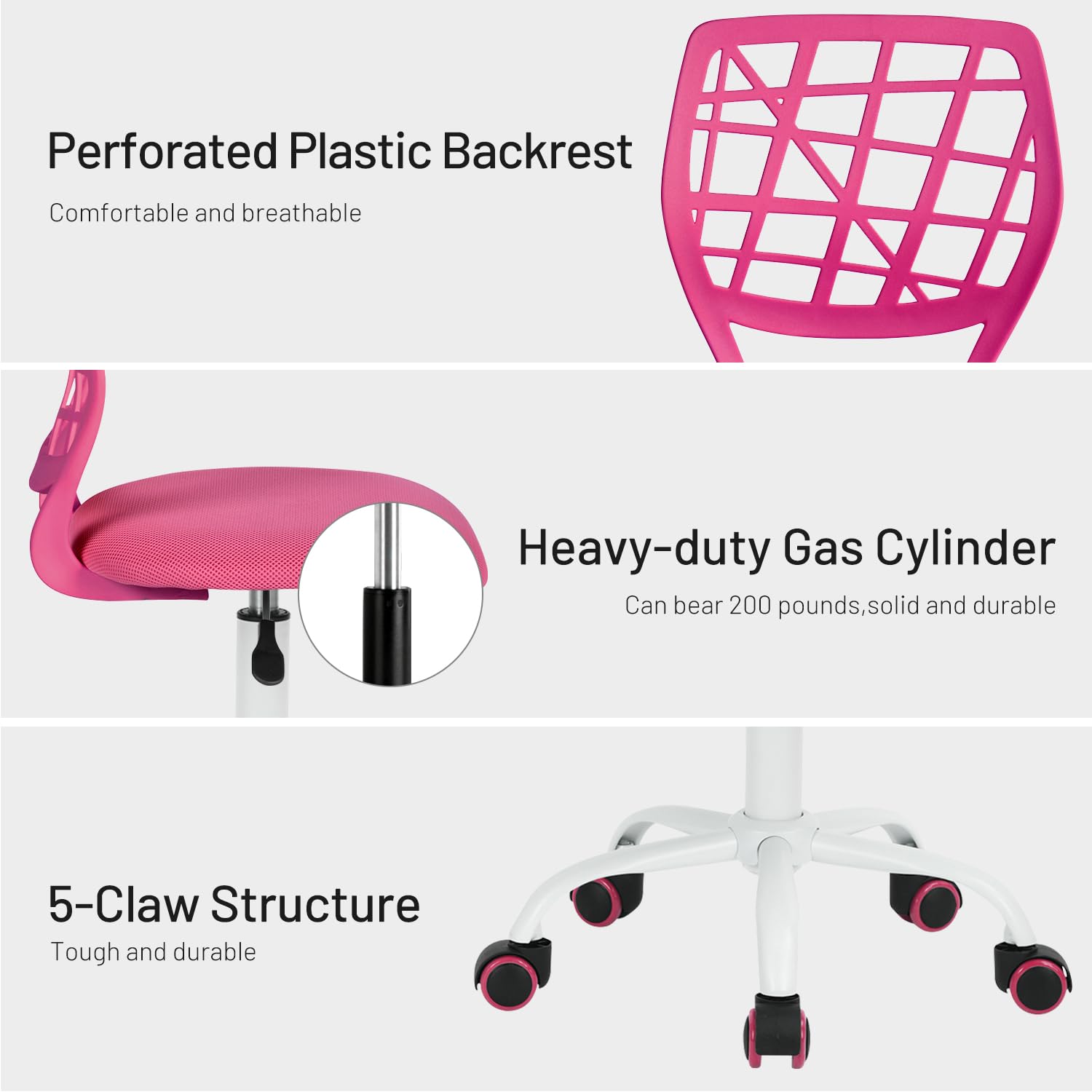 FurnitureR Kids Desk Chair, Armless Small Office Chair Adjsutable Swivel Task Chair with Soft Cushion for Study Kids Teens Child, Pink
