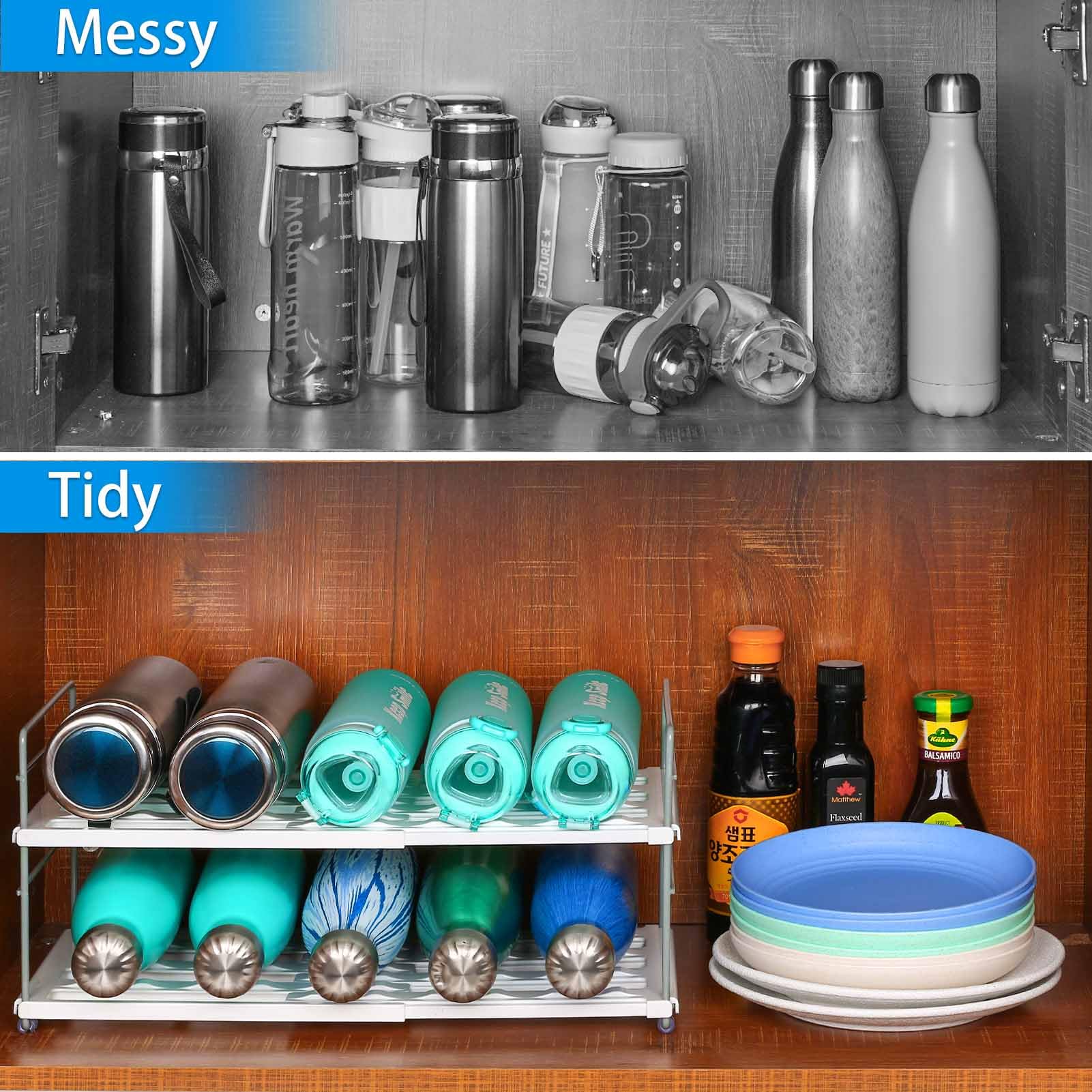boailydi Water Bottle Organizer for Cabinet, Expandable Water Bottle Rack, Adjustable Tumbler Storage for Kitchen Organization, 2 Tier Cup Organizer for Sports Flask Insulated Mug Fridge