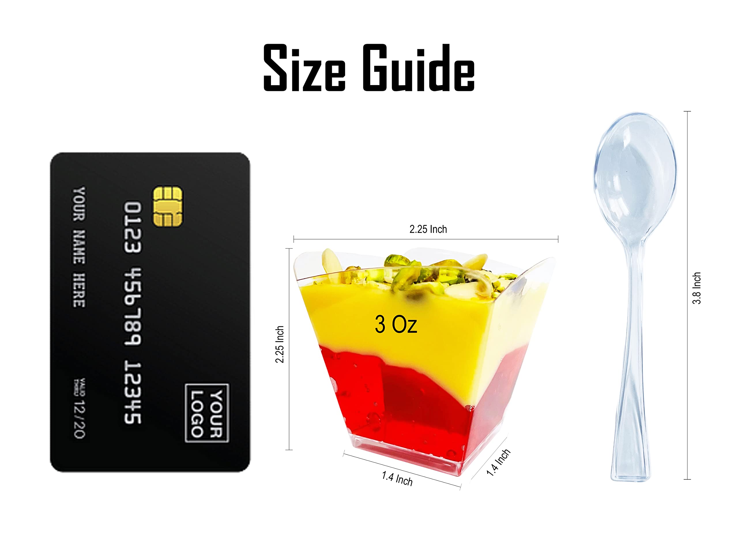 Blissful Dining 100 Counts 3oz Square Clear Plastic Dessert Cups with 100 Counts Clear Plastic Spoons. (3 Ounces, 100 Serving Cups and Spoons)