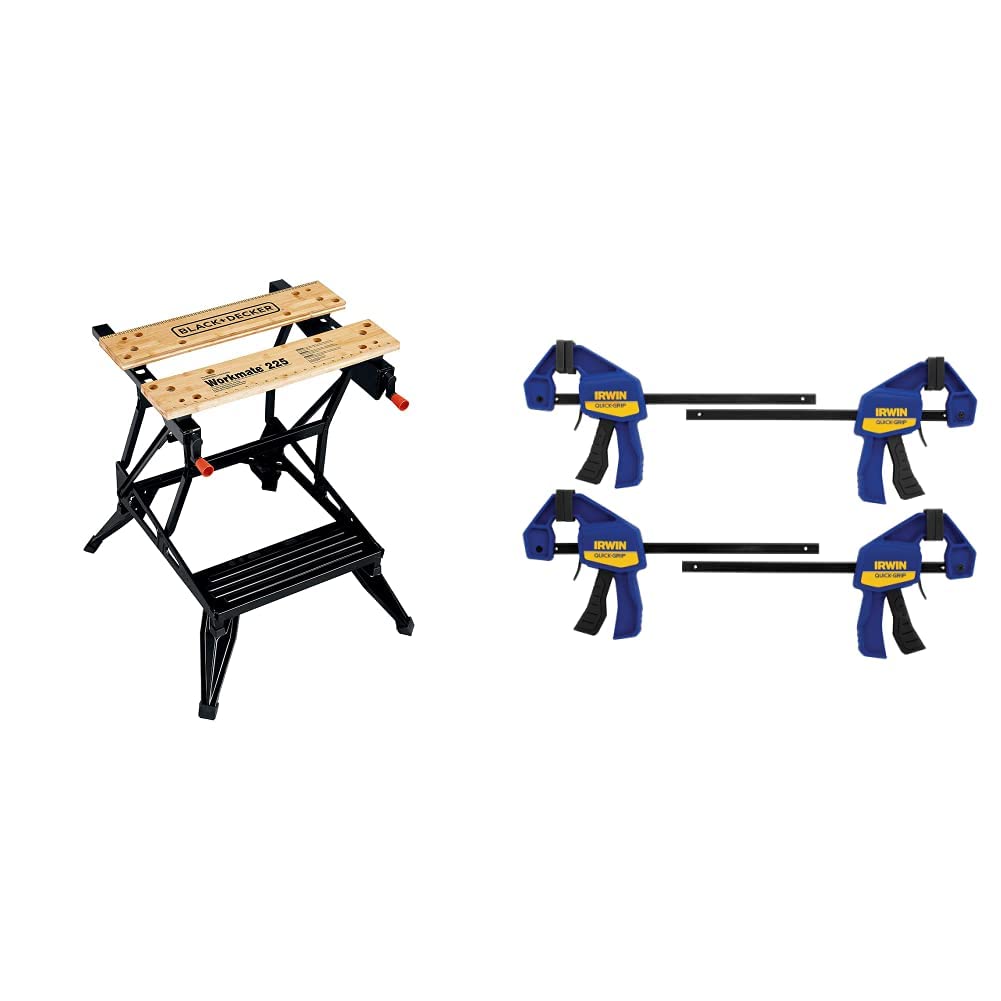 BLACK+DECKER Portable Project Center and Vise with IRWIN QUICK-GRIP Clamps, One-Handed, Mini Bar, 6-Inch, 4-Pack (WM225-A & 1964758)