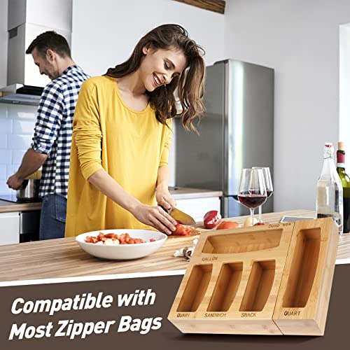 Deep sea Ziplock Bag Storage Organizer and Dispenser for Kitchen Drawer, Bamboo Kitchen Food Storage Bag Holders Compatible with Gallon Quart Snack Bags & Sandwich