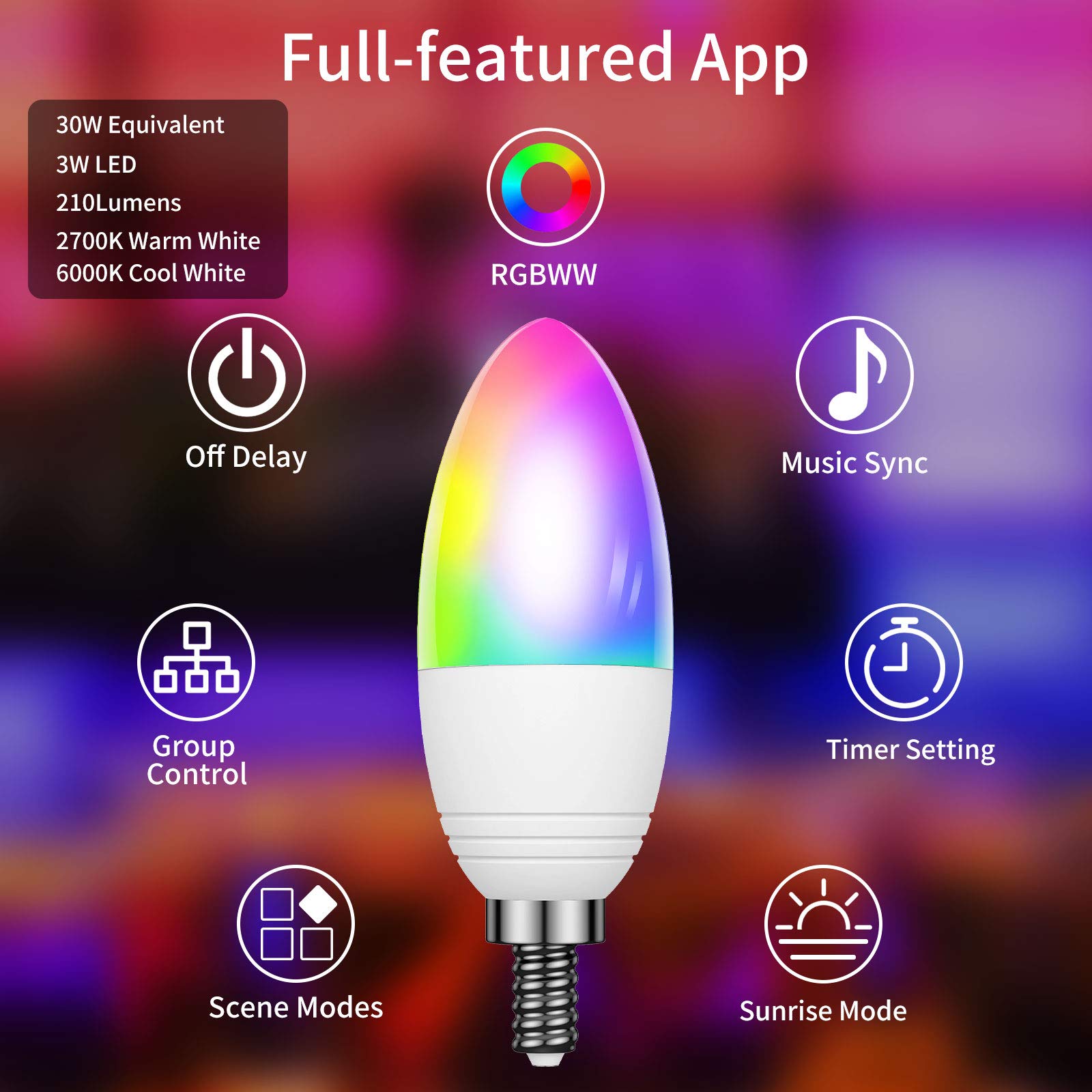Bewahly Smart Light Bulbs, led Color Changing Candelabra Light Bulbs, E12, 4.5W,40W Equivalent,300 Lumen,RGB + CCT, Warm-Cold White Dimmable (2700K-6000K), Support WiFi/Alexa/Google Home (4Pack)