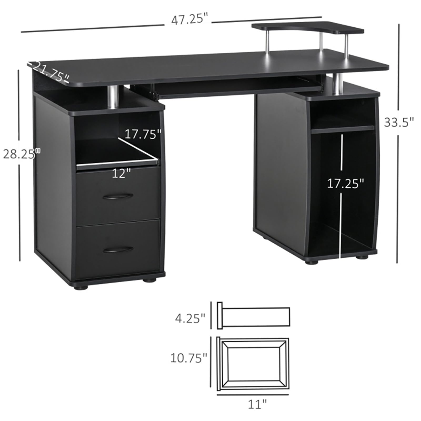 BIVVI 47.25" Computer Desk with Keyboard Tray,Gaming Desk Office Desk File Cabinet w/CPU Stand & Elevated Printer Rack,Industrial Work Desk PC Table Study Desk Organizer for Home Office Bedroom,Black