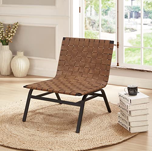 Ball & Cast Mid Century Accent Chair Faux Leather Strap Armless Lounge Chair with Metal Frame, Brown
