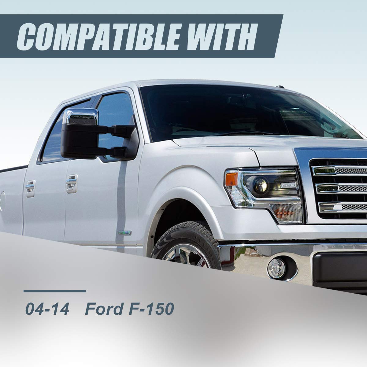 Auto Dynasty Pair Chrome Power Heated Amber LED Turn Signal w/Puddle Light Side Towing Mirror Compatible with Ford F-150 04-14