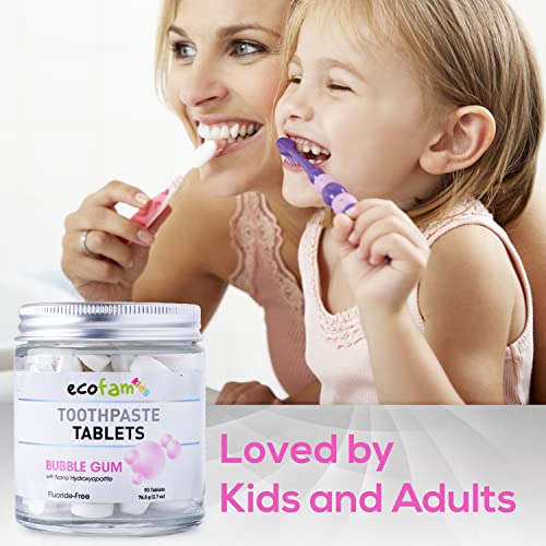 Ecofam Kids Toothpaste Chewable Tablets - 90 Natural Xylitol Tabs - Zero Waste Glass Jar - Travel Friendly - Fluoride-Free -with Nano Hydroxyapatite -Vegan - Made in The USA (Bubble Gum)