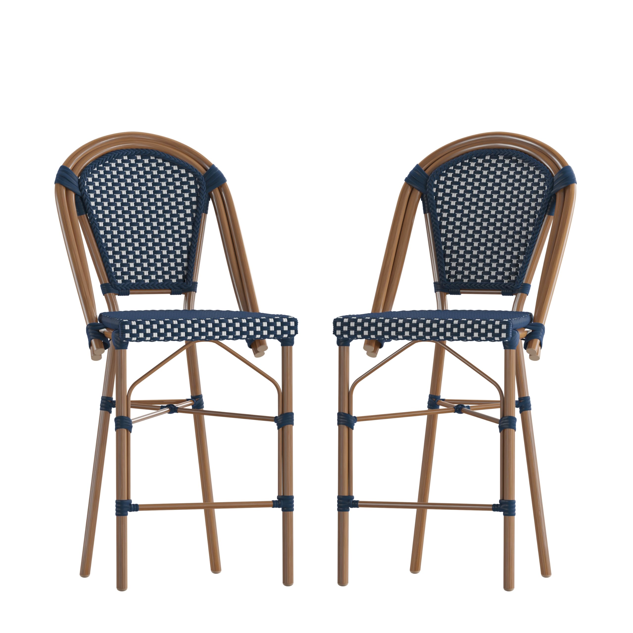 EMMA + OLIVER Soie Bistro Counter Stool - Stacking Indoor/Outdoor PE Rattan Counter Stool with Bamboo Finish Frame - 26" High - Set of Two - Navy/White