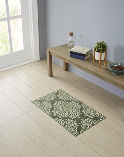 Dream Home | Medallion Collection | Green Damask Polyester Scatter Rug, 20" x 34"