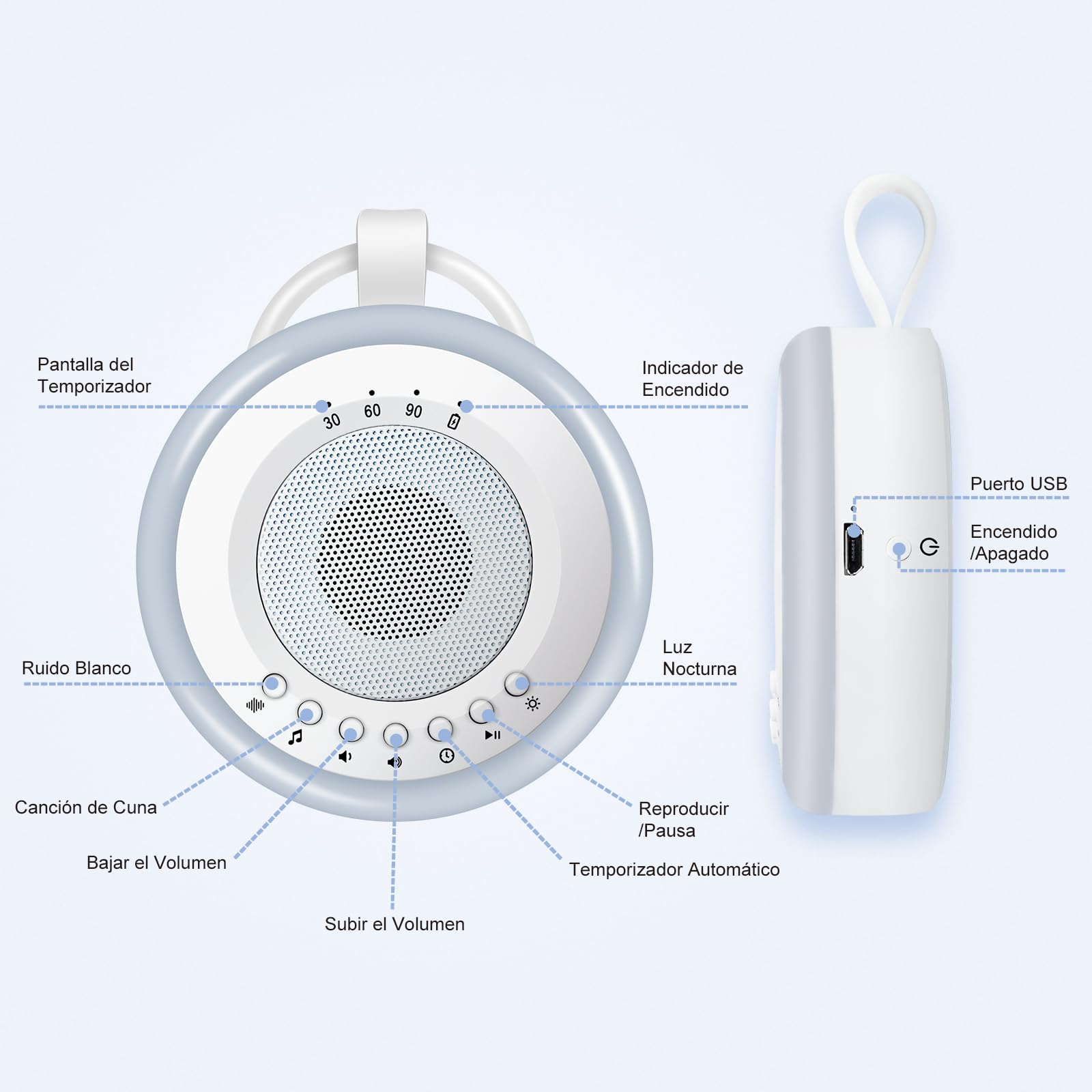 Easy@Home White Noise Sound Machine: Portable 2 in 1 Soother Night Light for Baby - 16 Soothing Lullaby Sounds - Sound Therapy for Home - USB Rechargeable GM-02