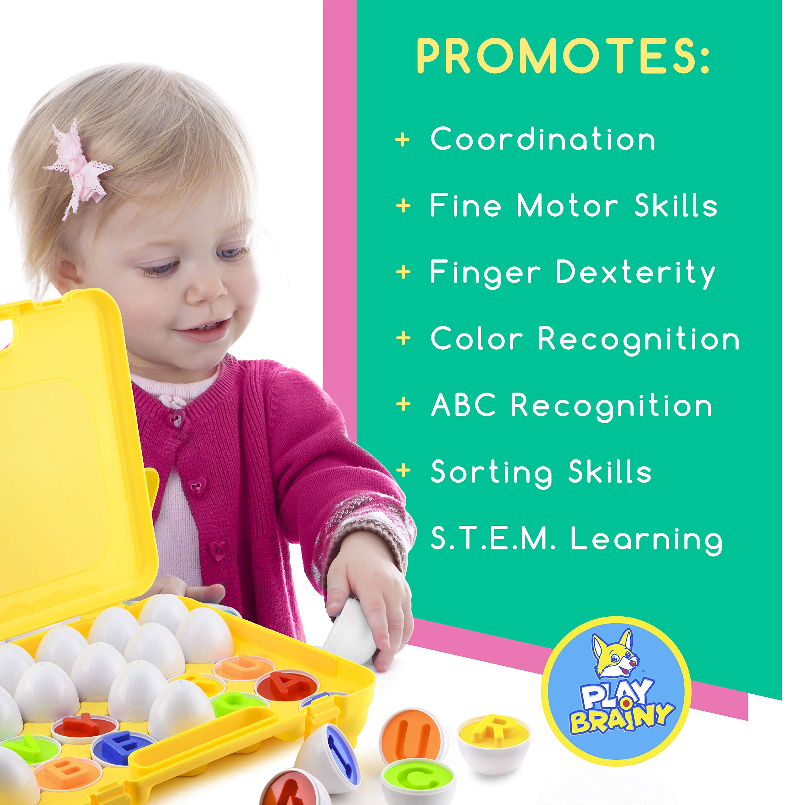 Play Brainy Montessori Alphabet Matching Eggs, 26 Pc. ABC Letter Set, Educational Early Learning Toys and Shape Recognition Sorter Puzzle for Toddlers and Preschool Students, Easter Gift