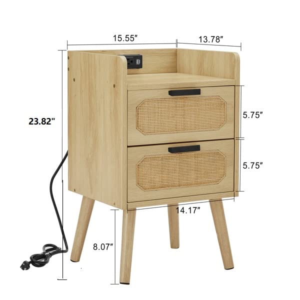 Duitrc Nightstand, End Table, Side Table with Charging Station & 2 Hand Made Rattan Decorated Drawers, Nightstands Set of 2, Wood Accent Table with Solid Wood Feet, with Open Storage, Natural, 2 Pack
