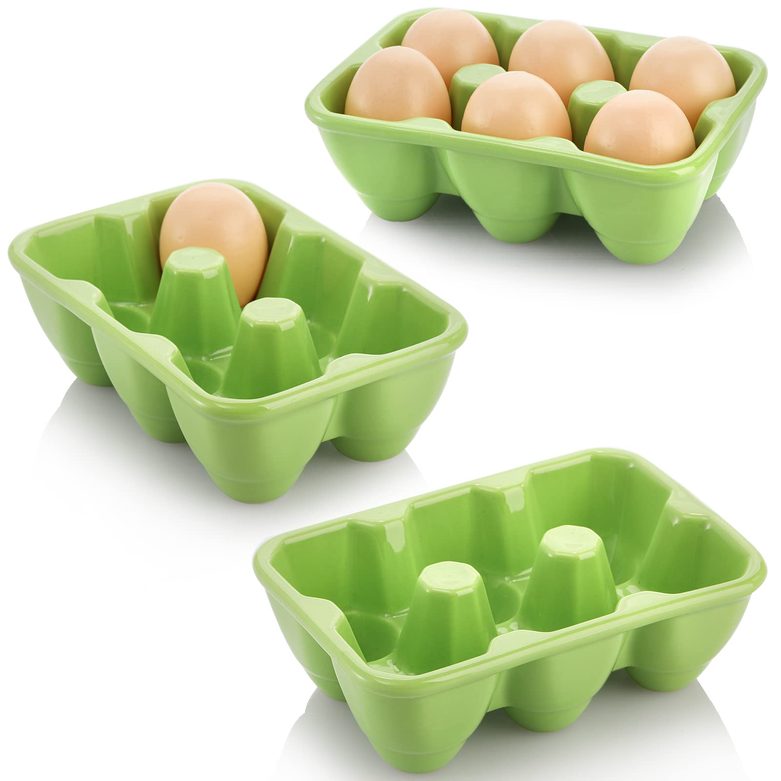 AVLA Set of 3 Ceramic 6 Cup Egg Tray - Half Dozen Porcelain Egg Holder Decorative, Eggs Dispenser Container Keeper Storage Organizer for Kitchen, Restaurant, Fridge, Countertop, Display, Green