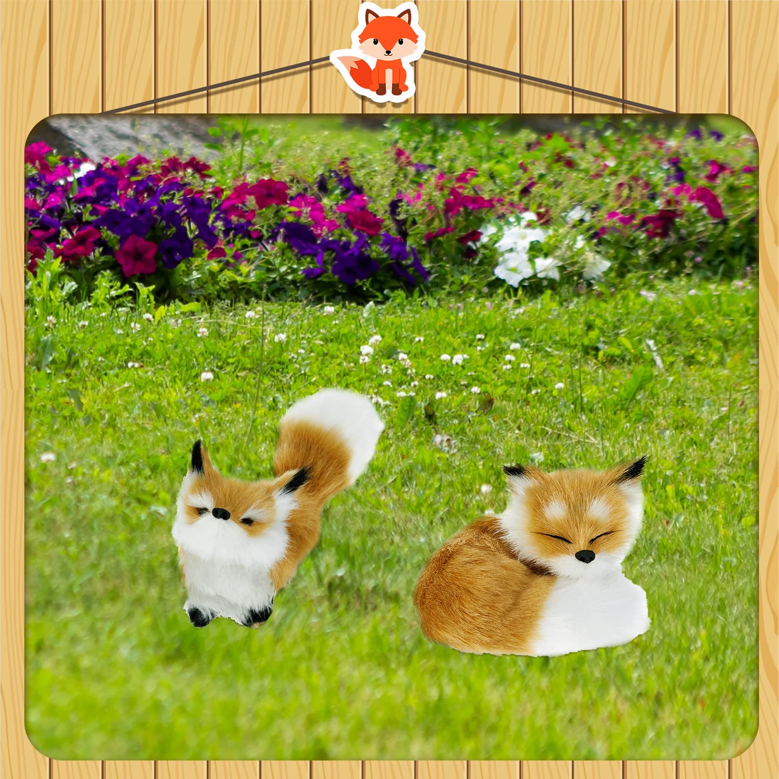 Simulation Fox Toy 2 Piece Fur Fox Model Stuffed Fox Ornament Static Action Figures Fox Squatting Sleeping Plush Mini Fox for Home Office Bag Decoration 5.5 x 2.76 Inch, 3.15 x 2.36 Inch (Brown)