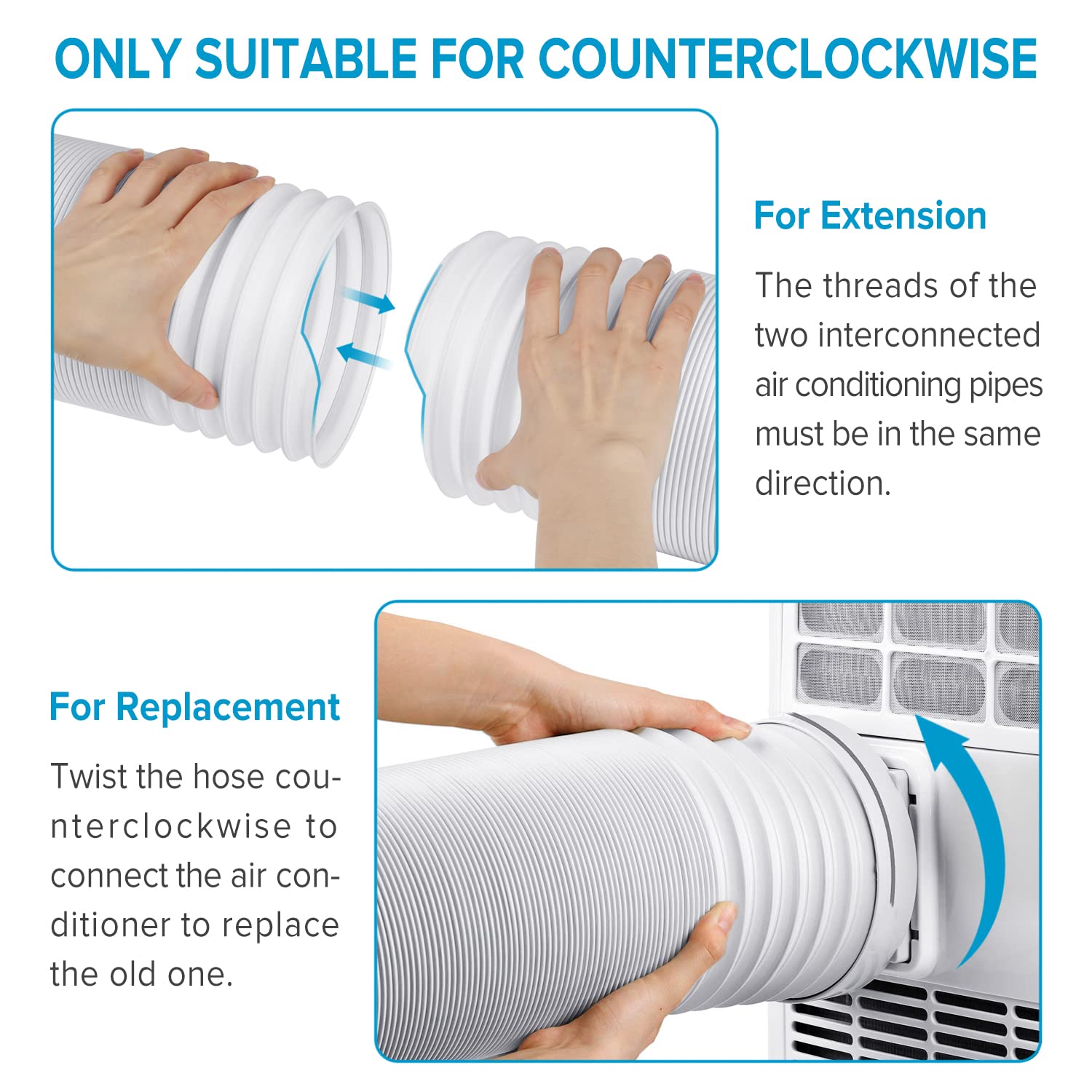 Portable Air Conditioner Hose, AC Hose with 5.1" Diameter, Counter Clockwise Thread & Length up to 59" AC Exhaust Hose for Portable AC Vent Compatible with Haier LG Delonghi Air Conditioner Parts