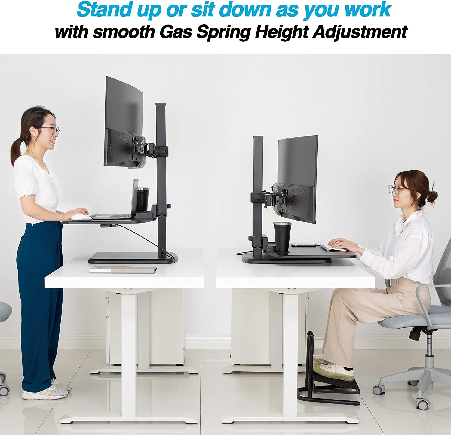 AVLT Dual 32" Monitor Gas Spring Height Adjustable Standing Desk Converter with 28"x 18.9" Spacious Worksurface Sit to Stand Table Sturdy Small Footprint