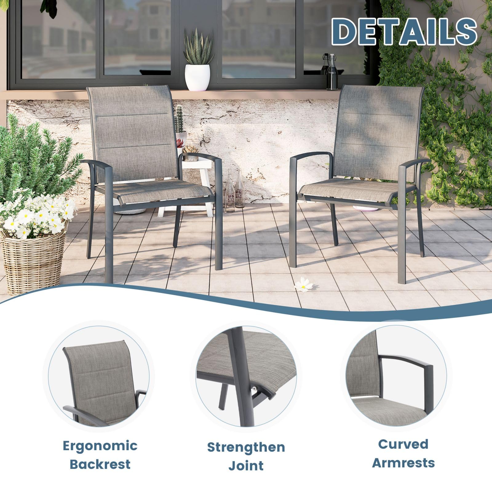 DIFY Patio Dining Chairs Set of 2, Stackable Outdoor Metal Chairs for Garden, Porch and Lawn, Grey