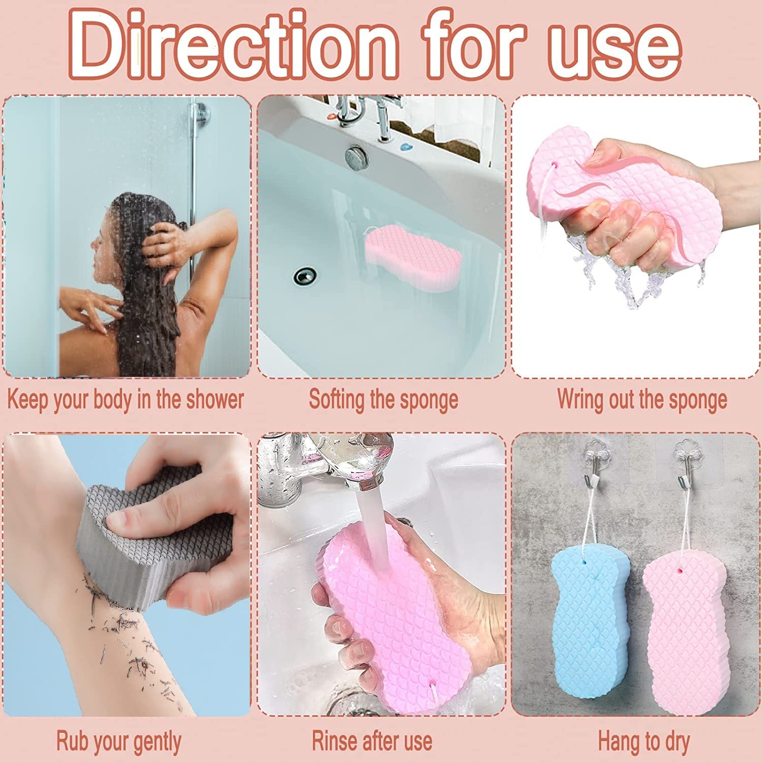 BZG 2Pack exfoliating Bath sponges for Shower for Women,Shower Sponge, Pink Grey 2 Count (Pack of 1)