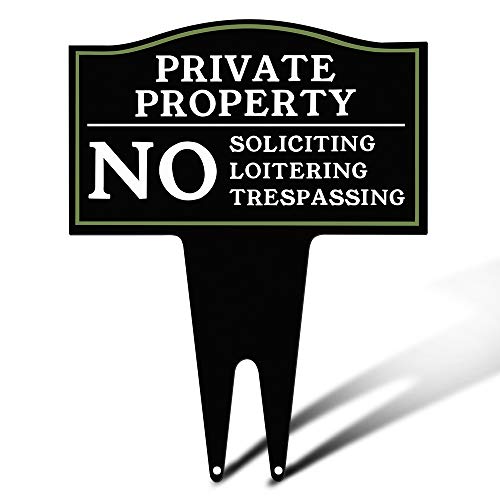 CIGERA Private Property No Trespassing, No Soliciting and No Loitering Signs with Stake, 16x12.5 Inch Rust Free Metal Yard Warning Signs, Great for House and Business