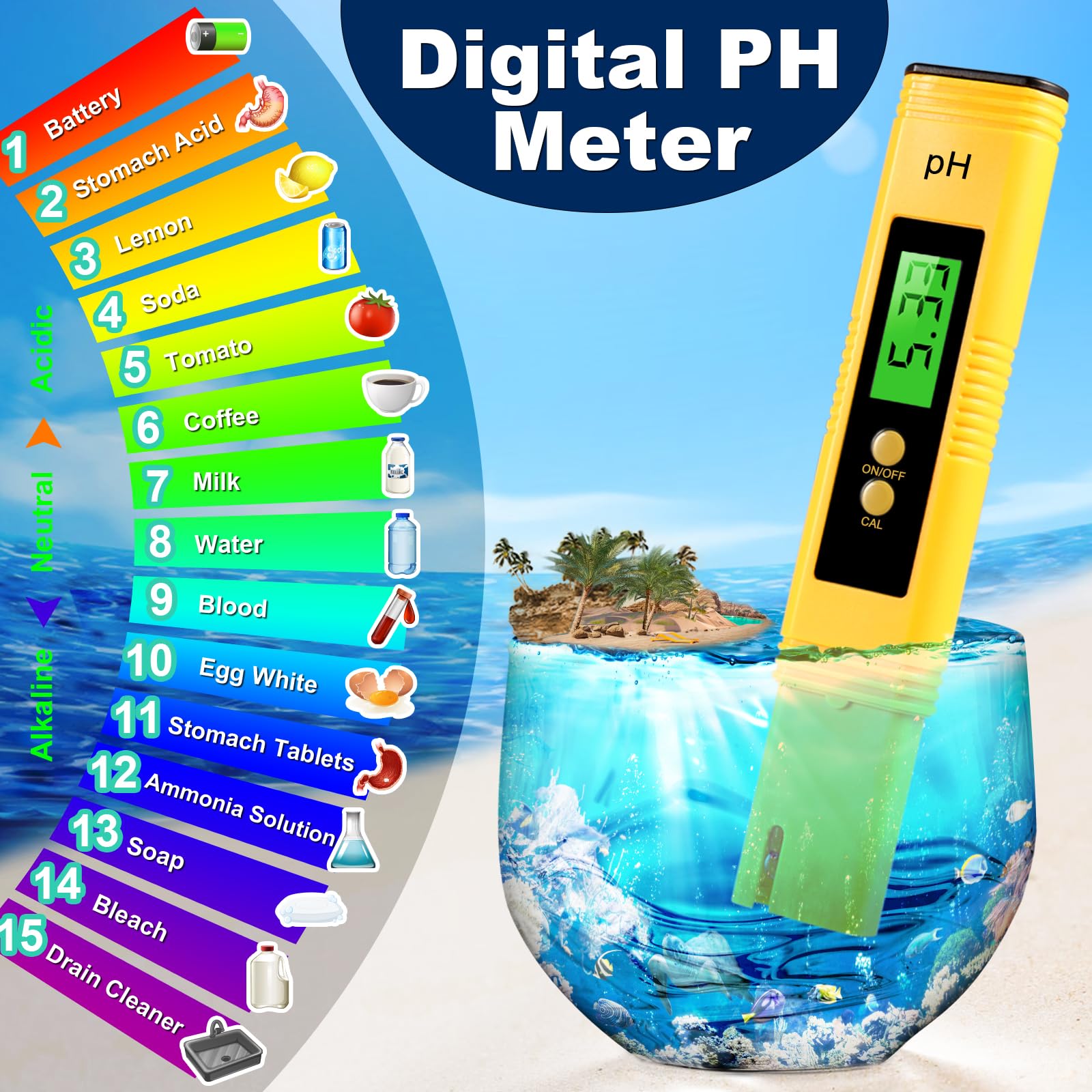 Digital pH Meter, pH Meter for Water, 0-14 pH Measurement Range pH Tester, 0.01 High Precision Water Quality Tester with ATC for Drinking Water Pool