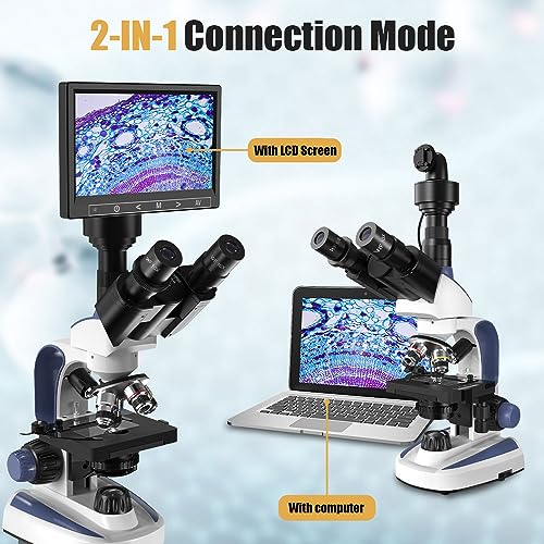 EDKKIE 40X-2500X Lab Compound Trinocular Microscope Built-in 5MP Camera with 7ββ Screen, Wide-Field 10X and 25X Eyepieces, Dual Illumination System, Double Layer Mechanical Stage