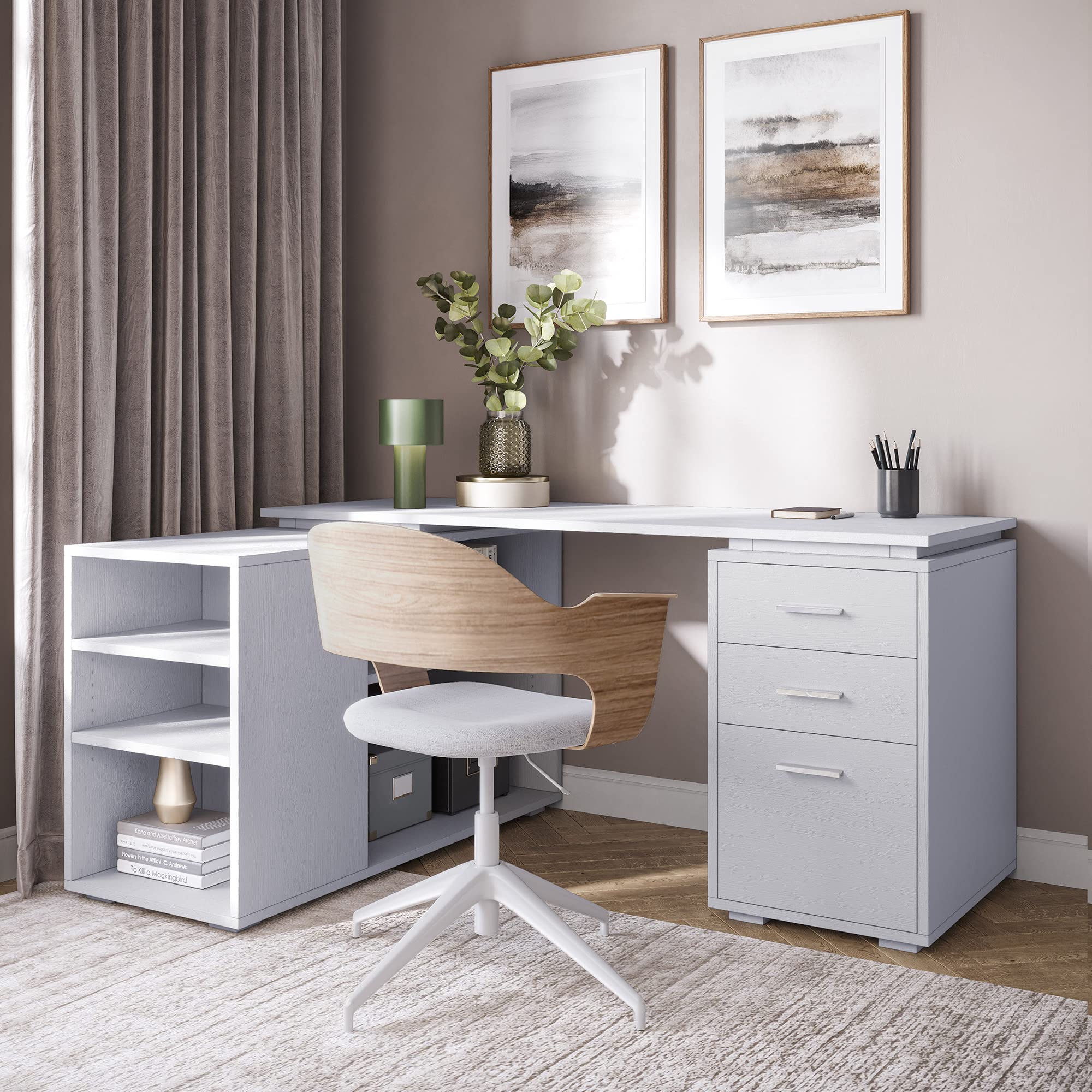 BELLEZE L Shaped Computer Desk, 60” Study Writing Table Home Office Desk Morden Corner Workstation Setup with Adjustable Storage Shelves and 3 Drawers, White