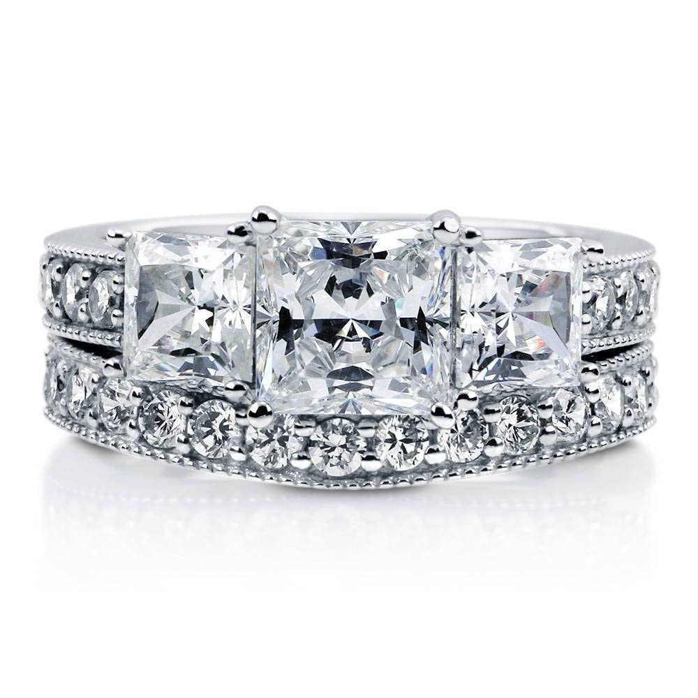 BERRICLE Sterling Silver 3-Stone Wedding Engagement Rings Princess Cut Cubic Zirconia CZ Ring Set for Women, Rhodium Plated Size 7.5