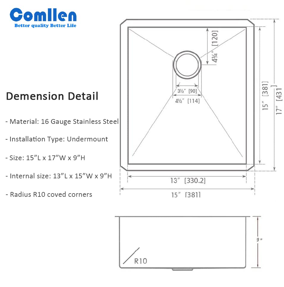 Comllen 15 x 17 inch Black Bar Sink Undermount,Black Stainless Steel Wet Bar Prep Sink Small Kitchen Sink Single Bowl RV Sink with Bottom Grid and Strainer-KYL001B