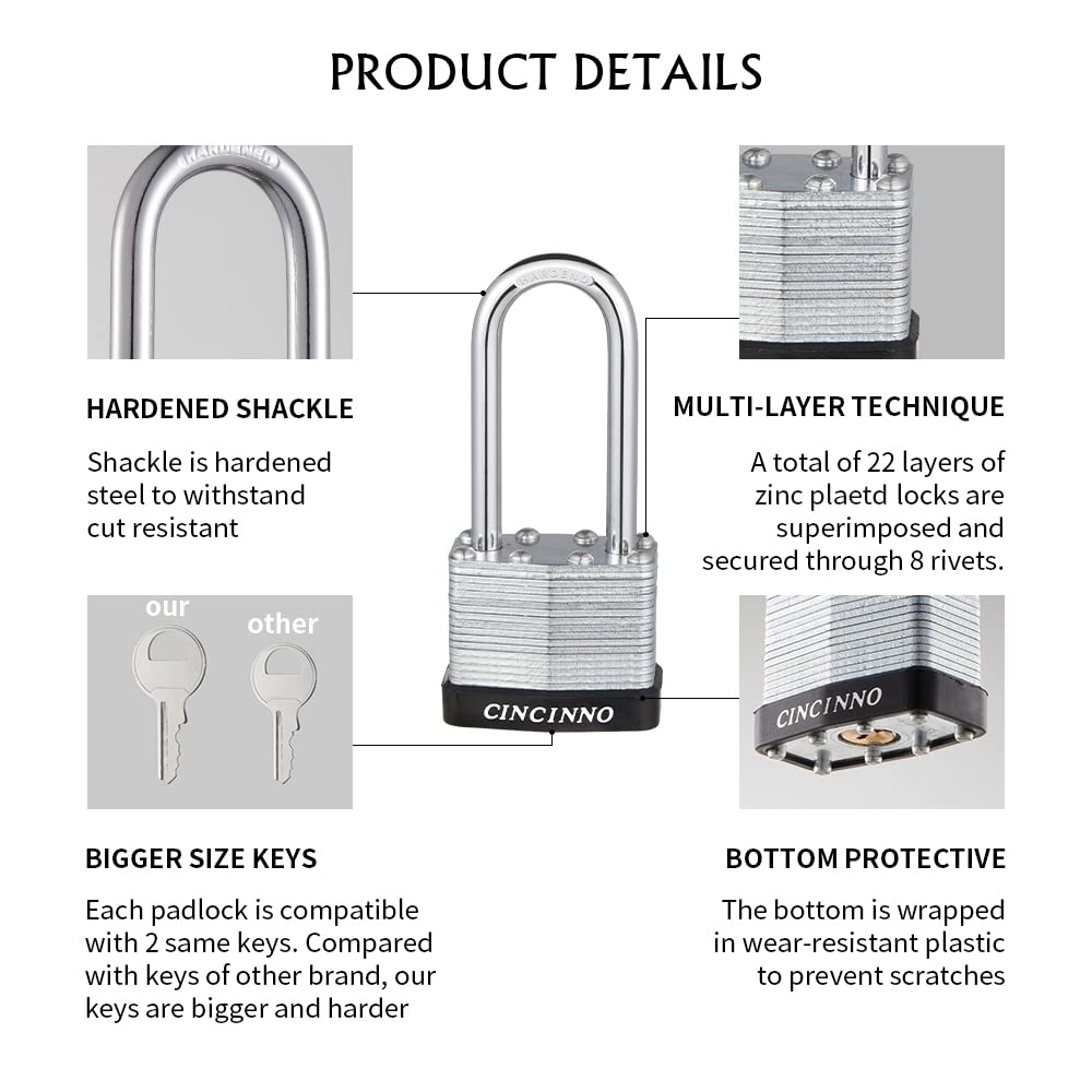 CINCINNO Laminated Steel Padlock with Key,6 Pack Keyed Alike Padlocks with Long Shackle