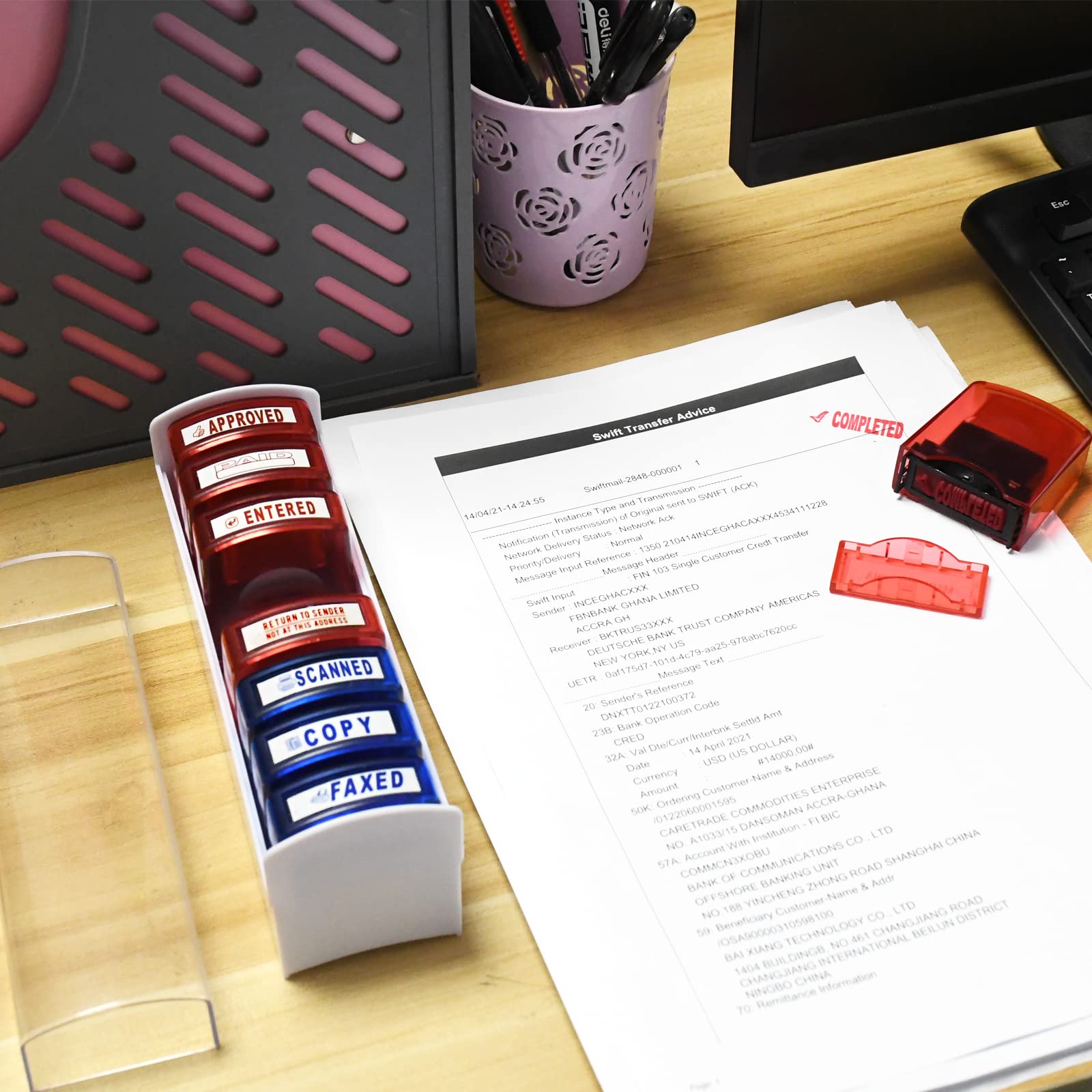Bertiveny Self Inking Office Stamp Set for Approved Paid Completed Copy Faxed Scanned Stamps, Rubber Business Stamp 8 PCS with Plastic Tray Message Account Stamp Paper Work Text Ink Stampers