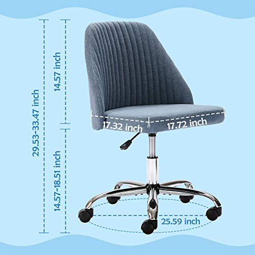 Home Office Desk Chair, Modern Linen Fabric Chair Adjustable Swivel Task Chair Mid-Back Cute Upholstered Armless Computer Chair with Wheels for Bedroom Studying Room Vanity Room (Blue)