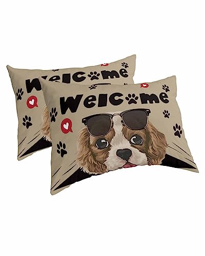 Edwiinsa Cute Love Heart Dog Pillow Covers Standard Size Set of 2 20x26 Bed Pillow, Black Paws Rustic Beige Welcome Plush Soft Comfort for Hair/Skin Cooling Pillowcases with Envelop Closure