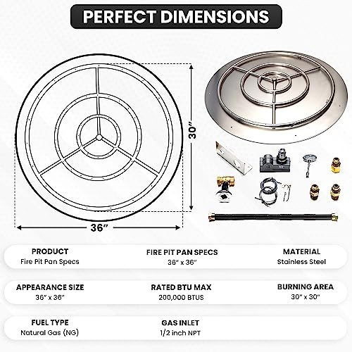Dreffco Stainless Steel Fire Pit Burner Pan & Ring Standard Kit with Spark Ignition for Natural Gas, 36-Inch Pan, 30-Inch Ring, 200,000 BTU Max