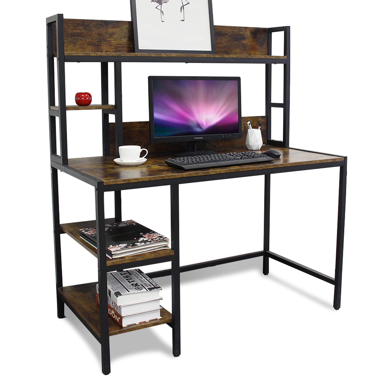 Bizzoelife Computer Desk with Hutch and 2-Tier Bookshelf,47 Inches Modern Writing Study Desk with Storage Shelf for Small Space, PC Laptop Table Workstation for Home Office to Saving Space(Rustic) …