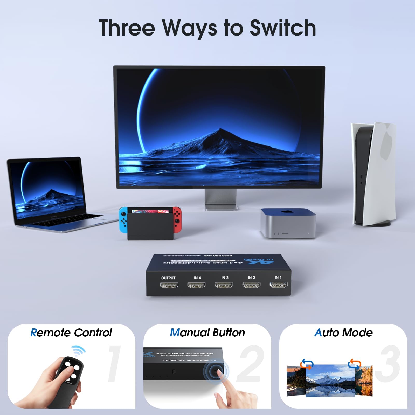 HDMI Switch 4K@60Hz, NerdEthos 4 Port HDMI 2.0 Switcher Selector 4 in 1 Out HDMI Switch Box with IR Remote Control, Supports 4K HDR10 HDCP 2.2 3D Dolby DST, for PS4 Xbox Fire Stick PC and More