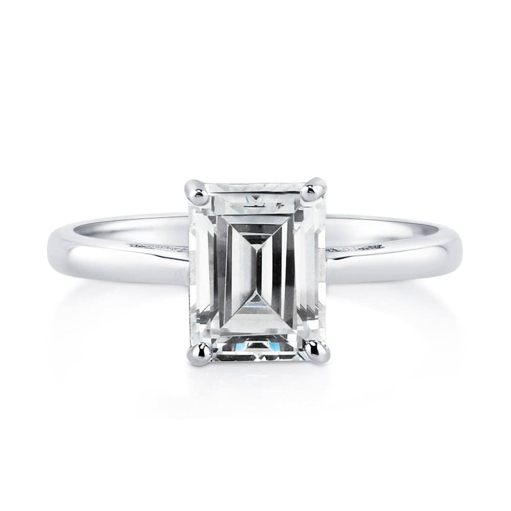 BERRICLE Sterling Silver Solitaire Wedding Engagement Rings 2.1 Carat Emerald Cut Cubic Zirconia CZ Ring for Women, Rhodium Plated Size 7.5